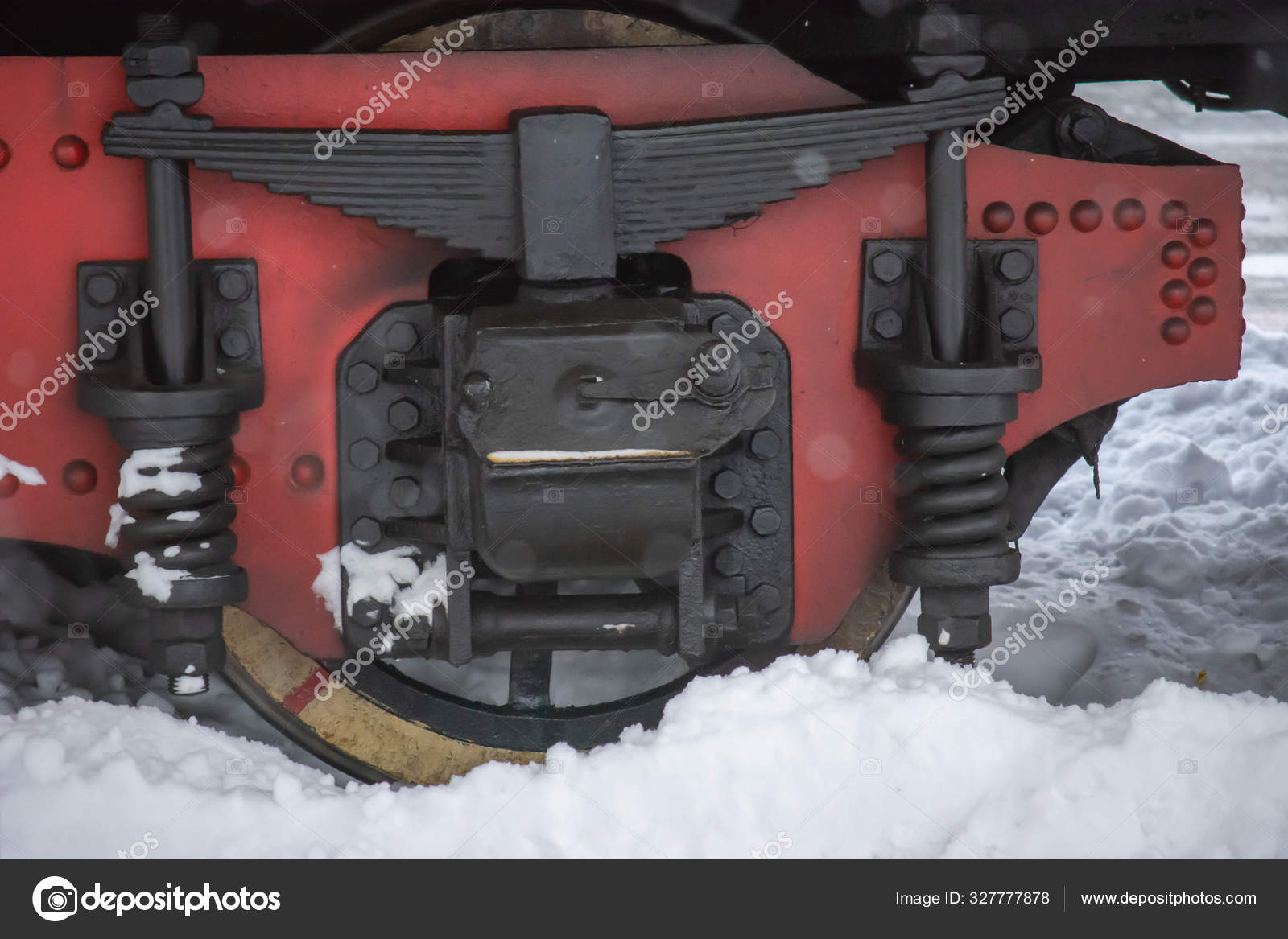 New Year's steam engine in the winter. Close-up of an old snow-c ...