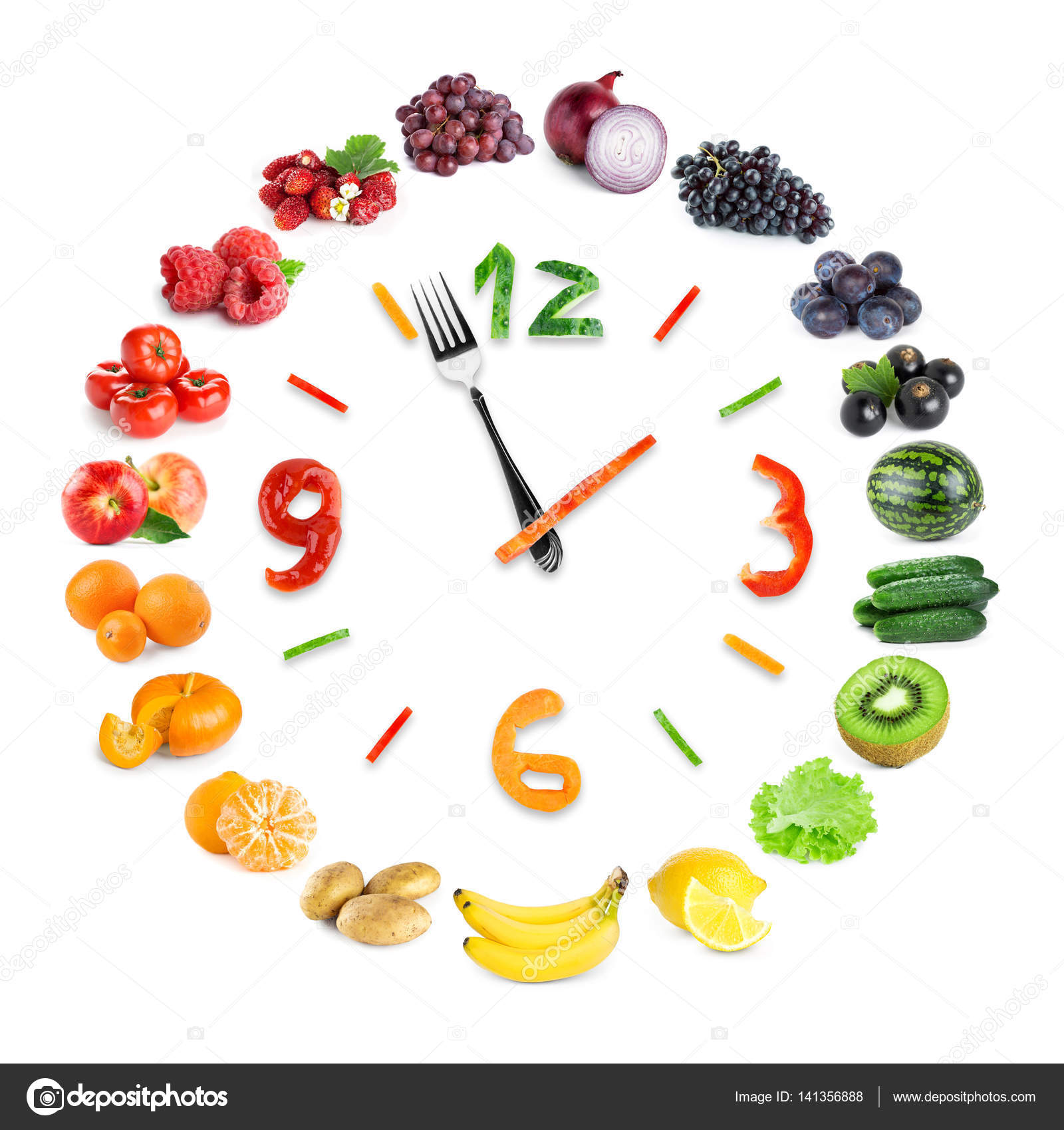 Food clock with of fruits and vegetables Stock Photo by ©seralex 141356888