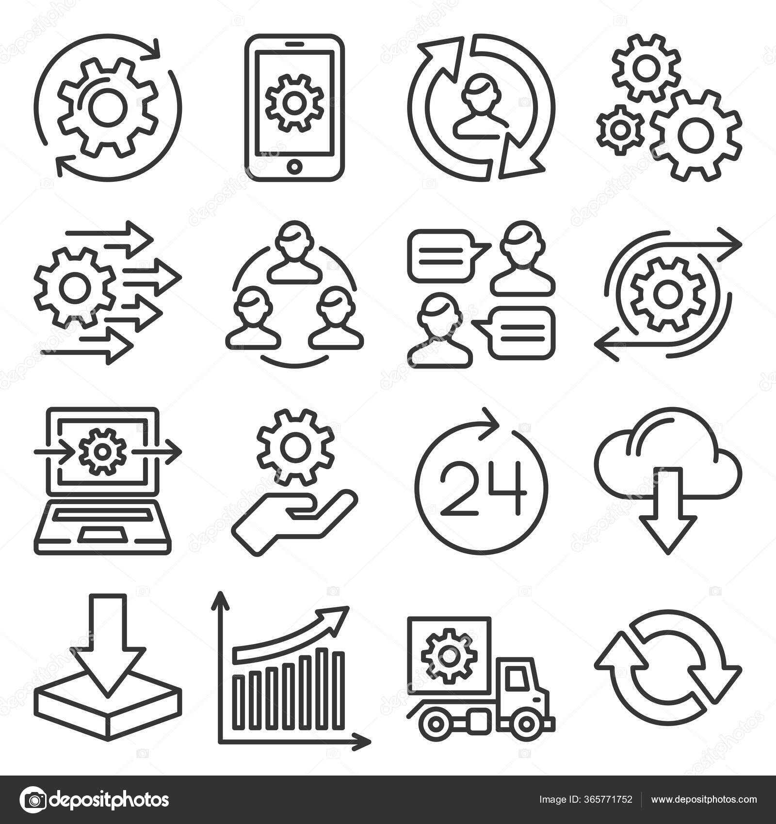 Iconos de proceso establecidos sobre fondo blanco. Estilo de línea ...