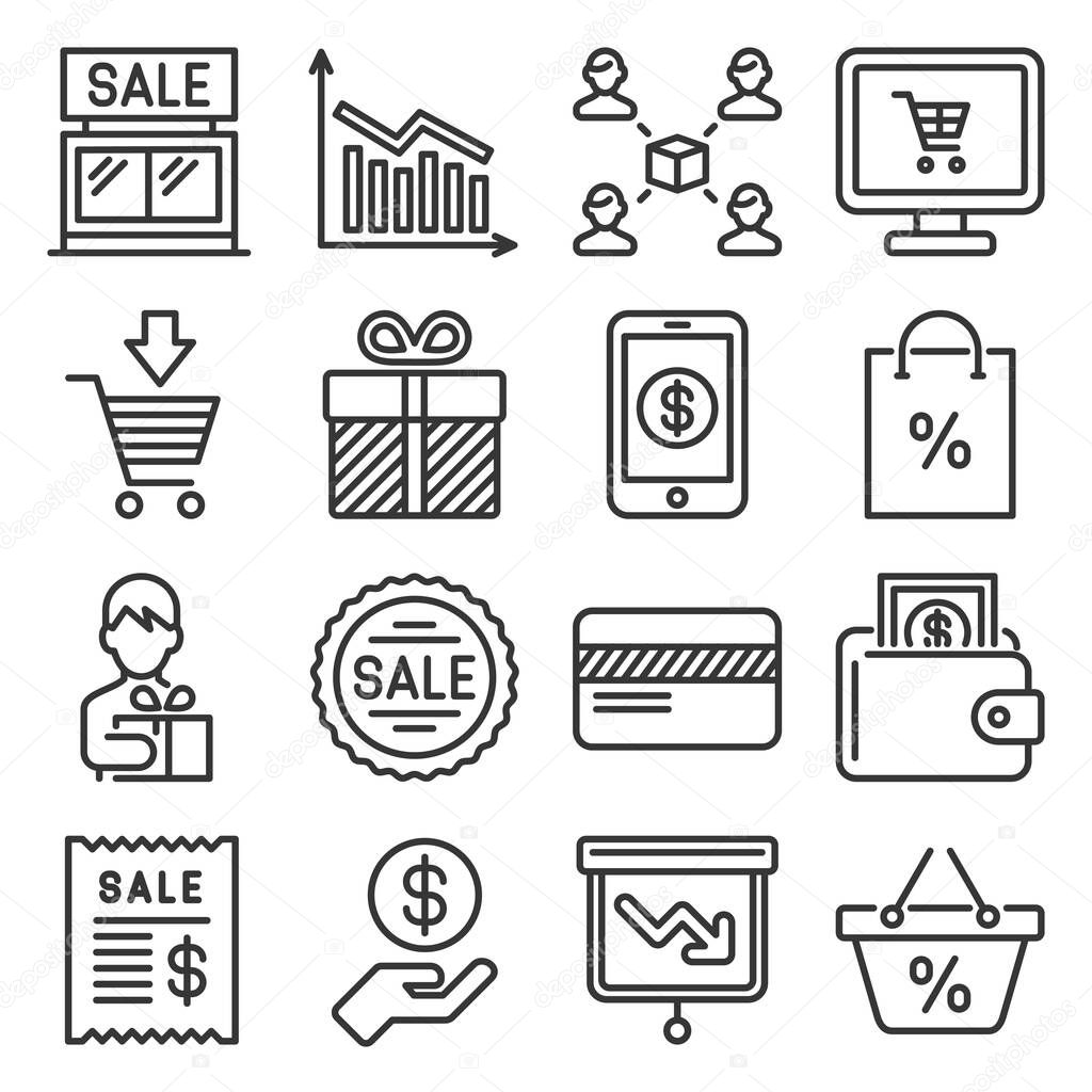 Iconos de ventas y compras ambientados en fondo blanco. Estilo de línea ...