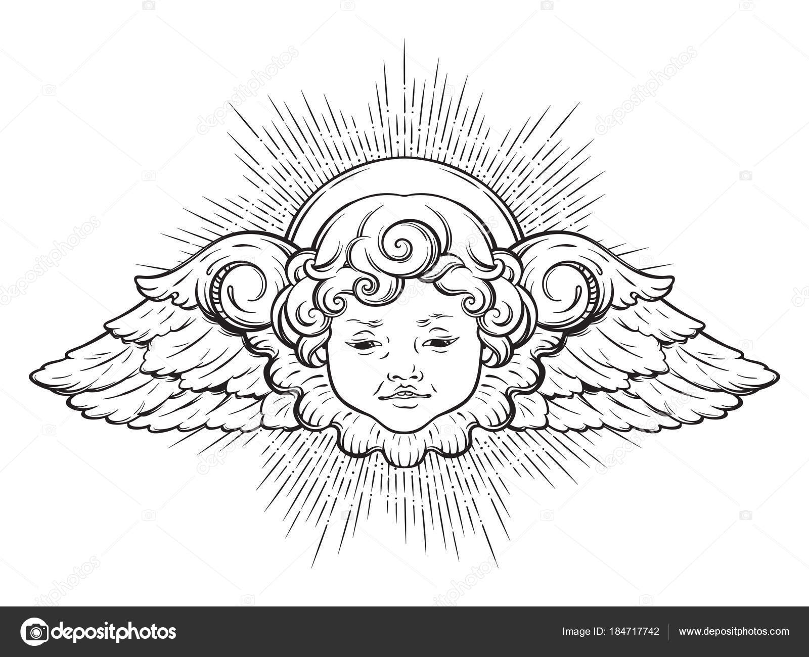 Querubim bonito alado encaracolado sorrindo bebê menino anjo com raios ...
