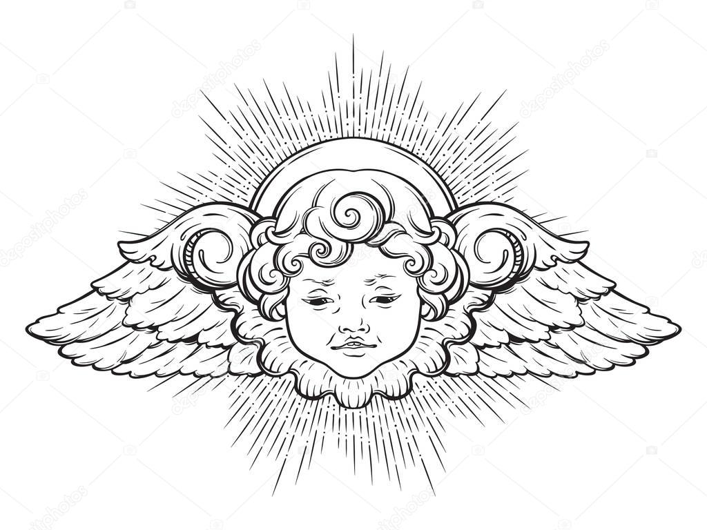 Querubín lindo alado rizado sonriente bebé ángel con rayos de linght ...