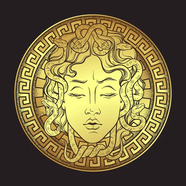 Medusa Gorgon golden head on a shield hand drawn line art print design ...