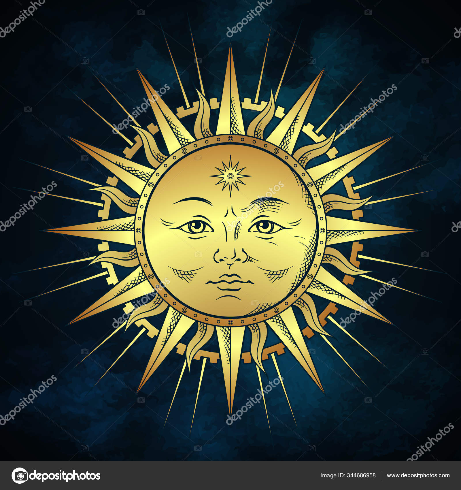 Sol de arte de línea en estuche antiguo ilustración vectorial dibujada ...