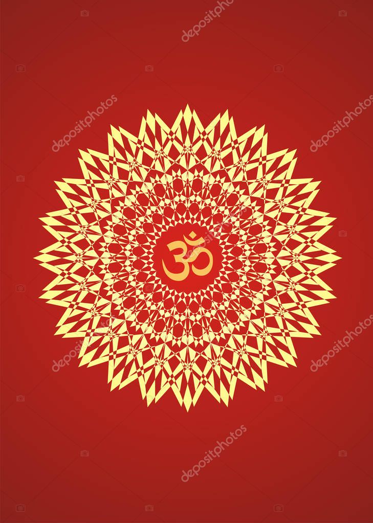 Mandala amarillo con el símbolo aum sobre un fondo rojo. Símbolo ...