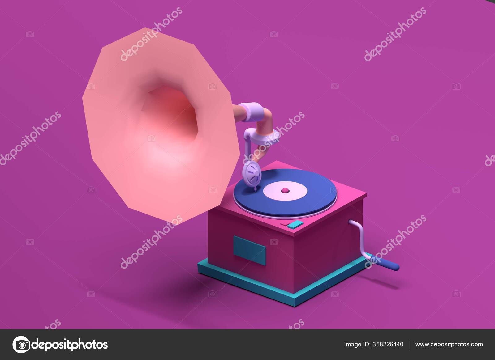 3d isometric pink gramophone front view for classic music. Stock ...