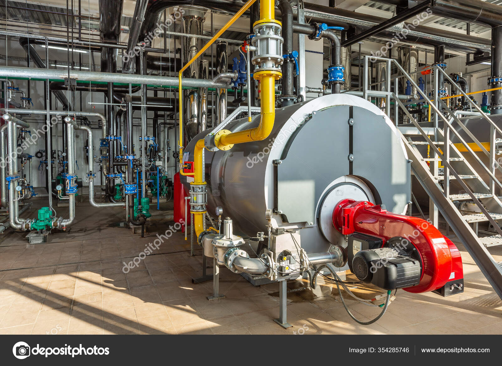 Interior Industrial Boiler Room Boilers Many Pipes Valves Sensors ...