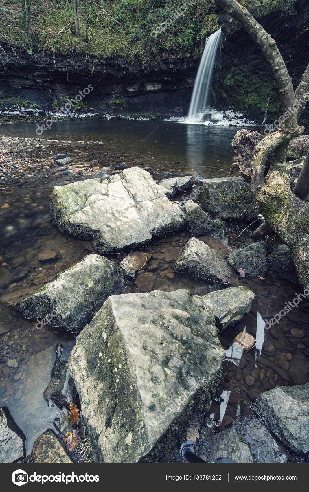 Beautiful cross processed waterfall landscape image in forest du ...