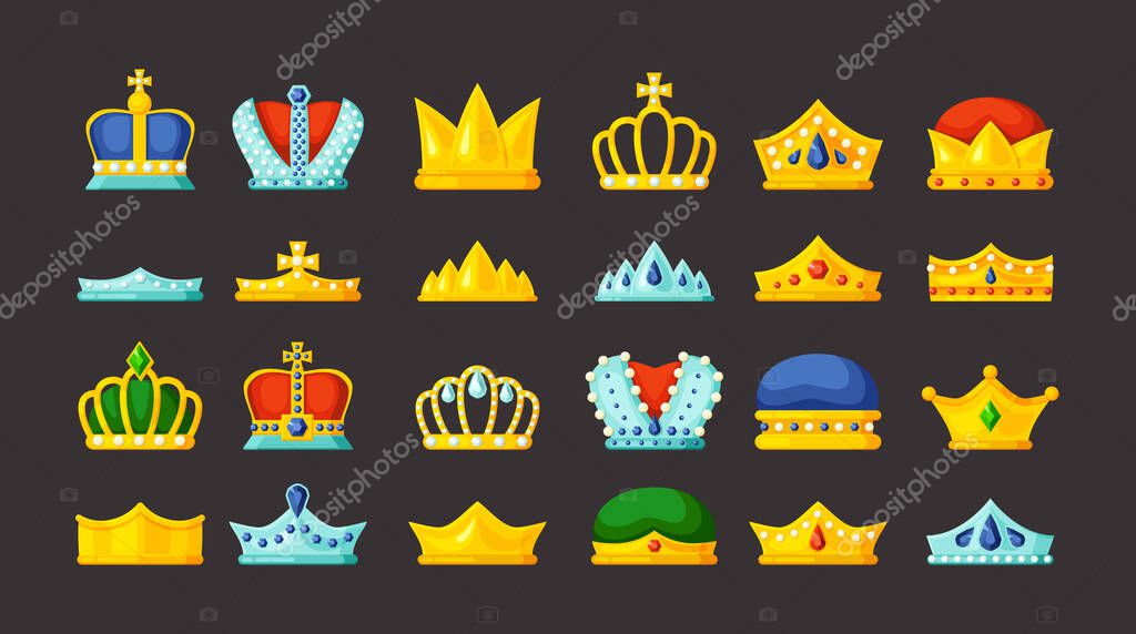 símbolos del monarca. diademas de oro y coronas de lujo con gemas ...