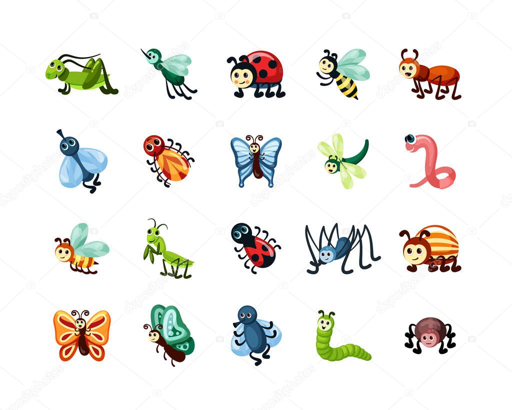 Insectos de dibujos animados. saltamontes mariposas arañas orugas ...