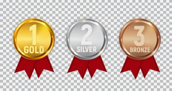Champion Gold, Silver and Bronze Medal with Red Ribbon. Icon Sign of ...