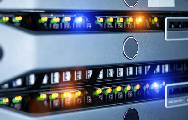 Server units in cloud service data center showing flickering lig ...