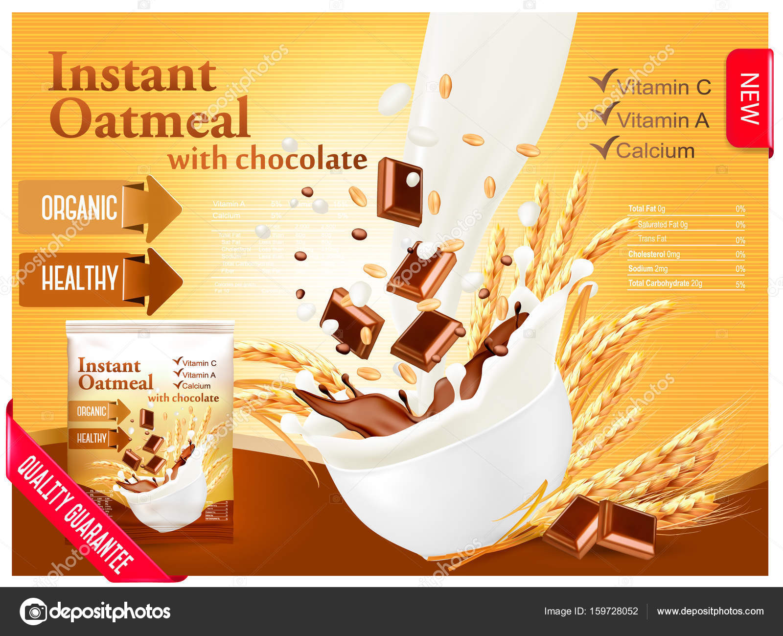 Instant porridge advert concept. Milk flowing into a bowl with g Stock ...