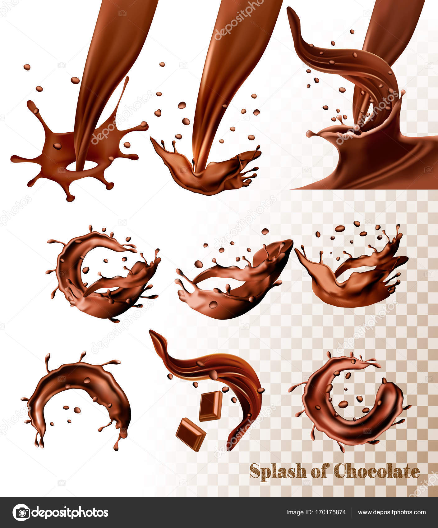 Big set of Splash of chocolate on transparent background. Vector Stock ...