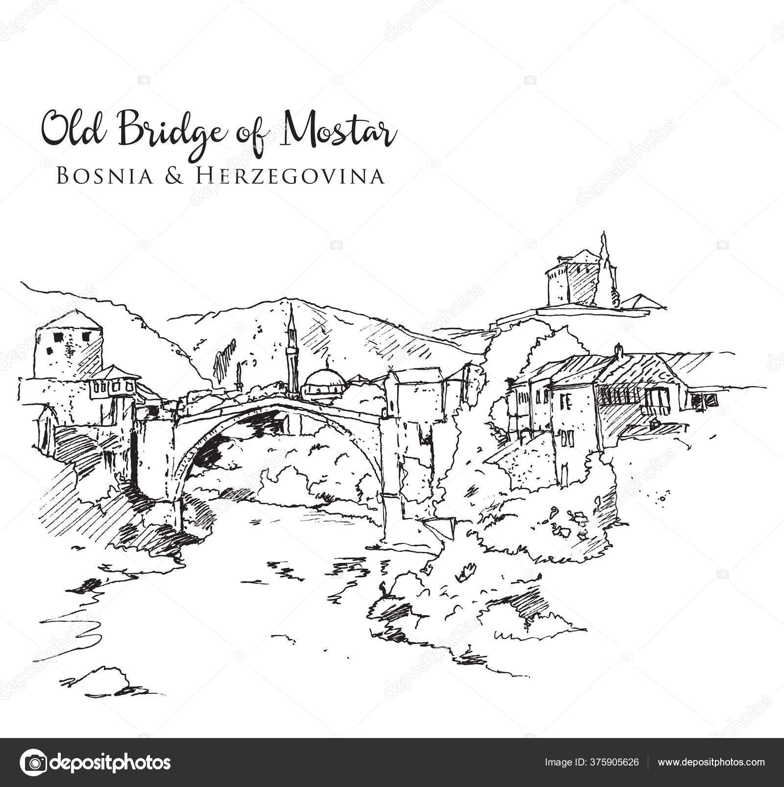 Drawing Sketch Illustration Old Bridge Mostar Stari Most Ancient ...