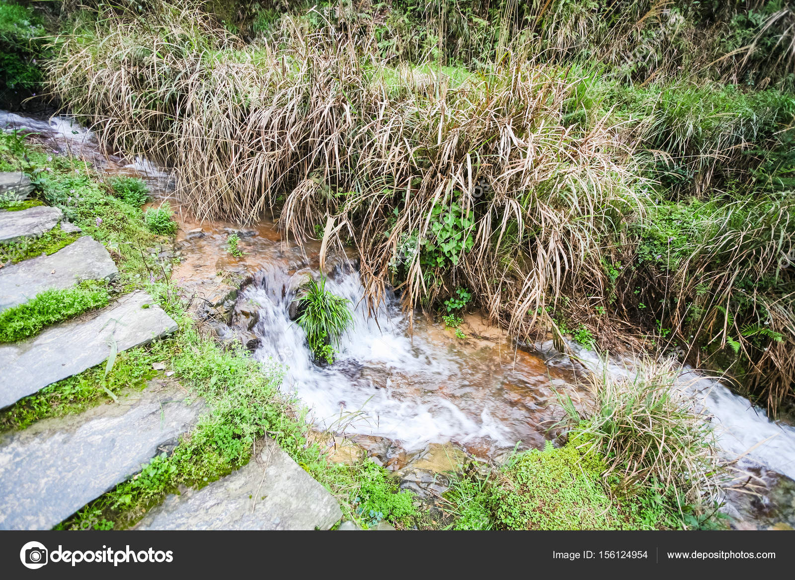 Steps and stream on slope of hill near Tiantouzhai — Stock Photo ...