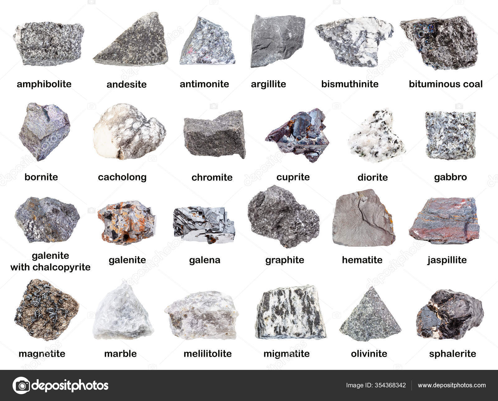 Set Various Gray Unpolished Rocks Names Antimonite Chromite Graphite ...