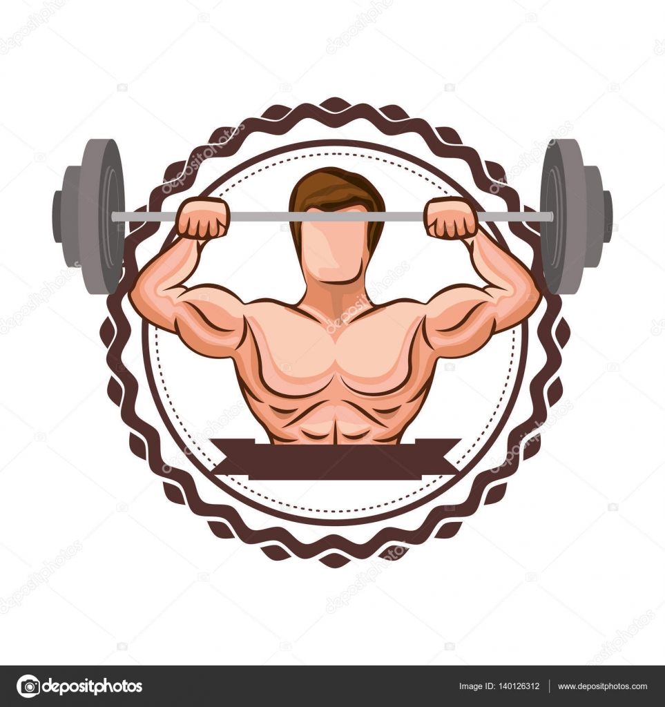 Sticker border with muscle man lifting a disc weights and label Stock ...