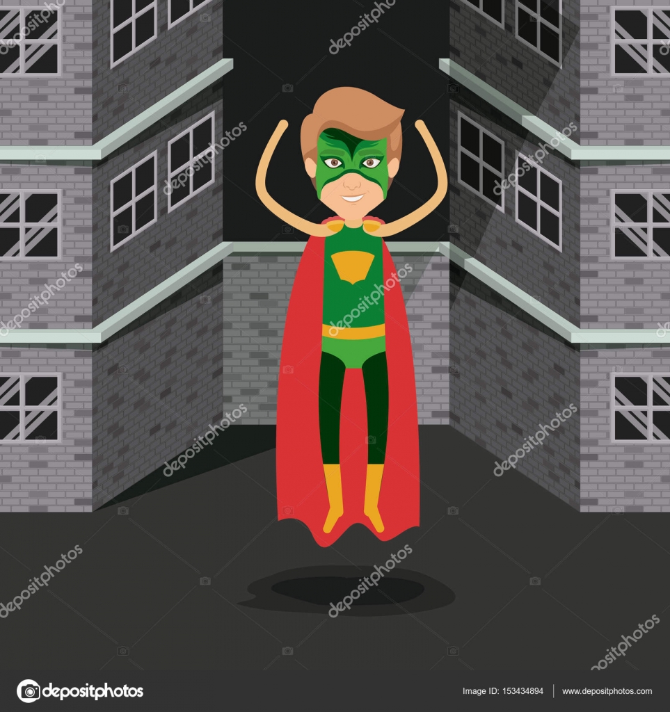 Gray background buildings brick facade with superhero man with costumes ...