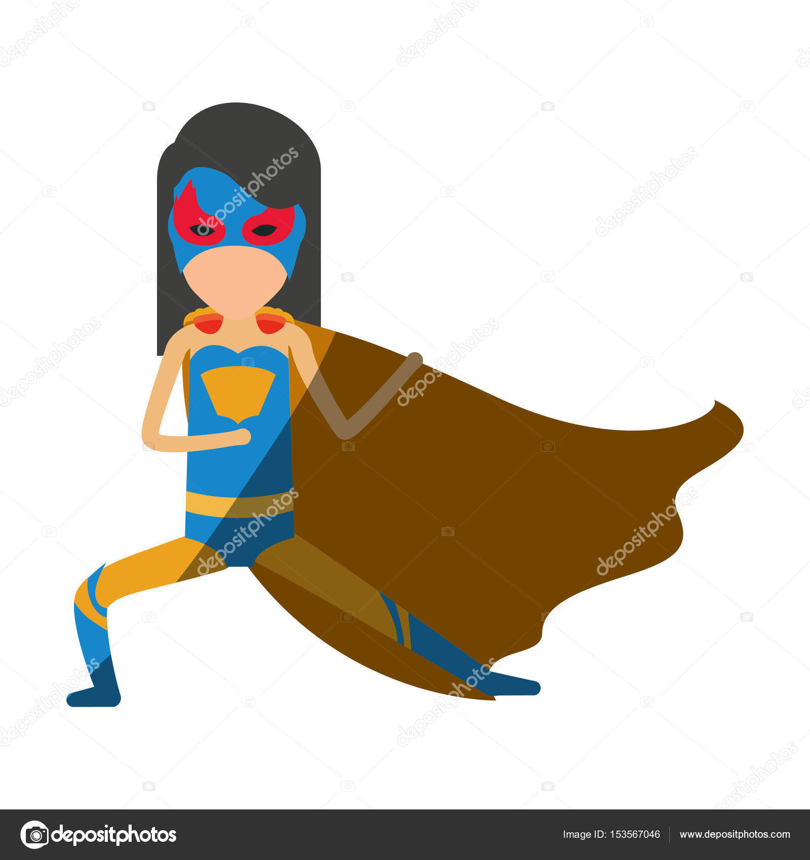 Colorful silhouette with faceless girl superhero in defensive pose and ...