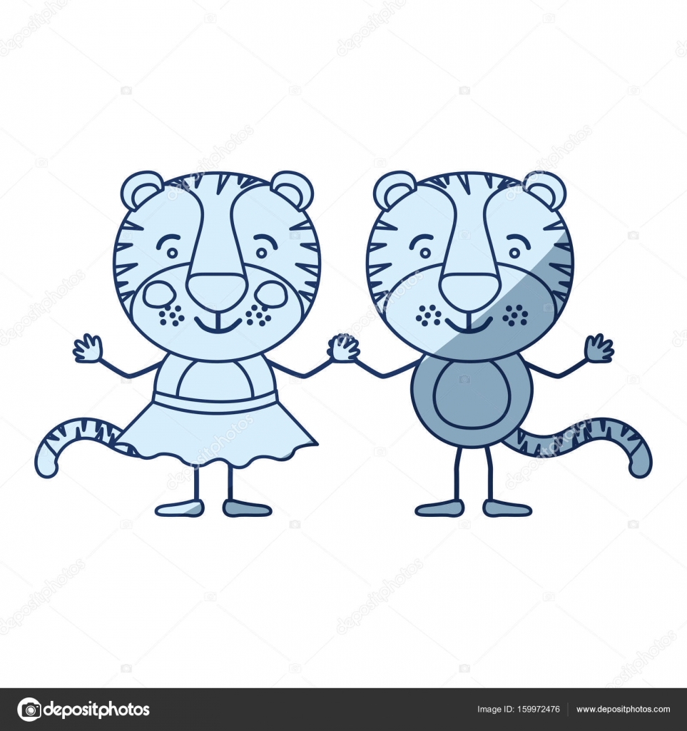Blue color shading silhouette caricature with couple of tigers holding ...