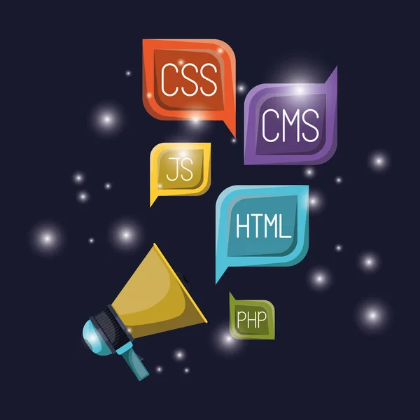 Blue dark background with brightness of laptop and dialog box with web programming language ...