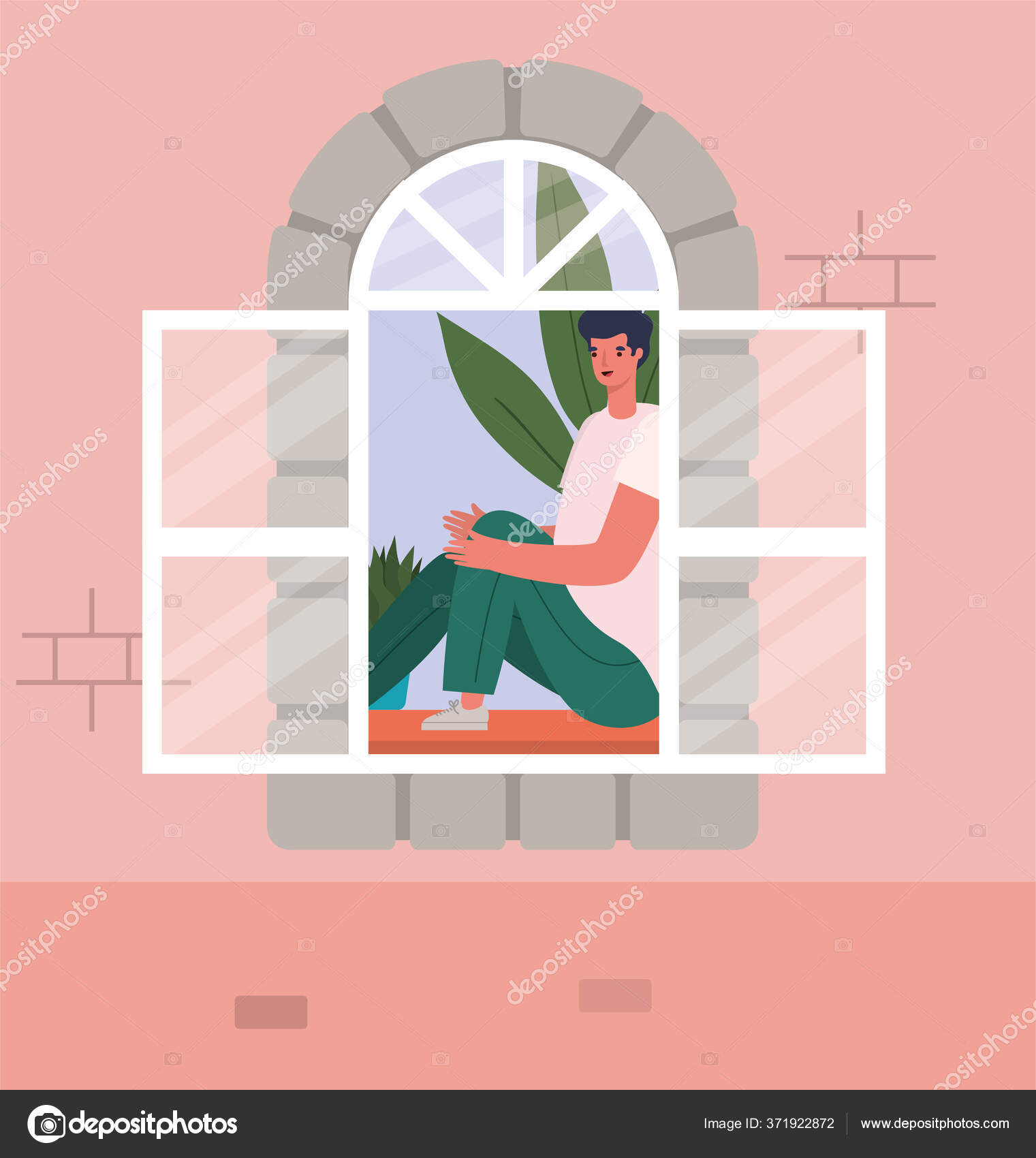 Man looking out the window from pink house vector design Stock Vector ...