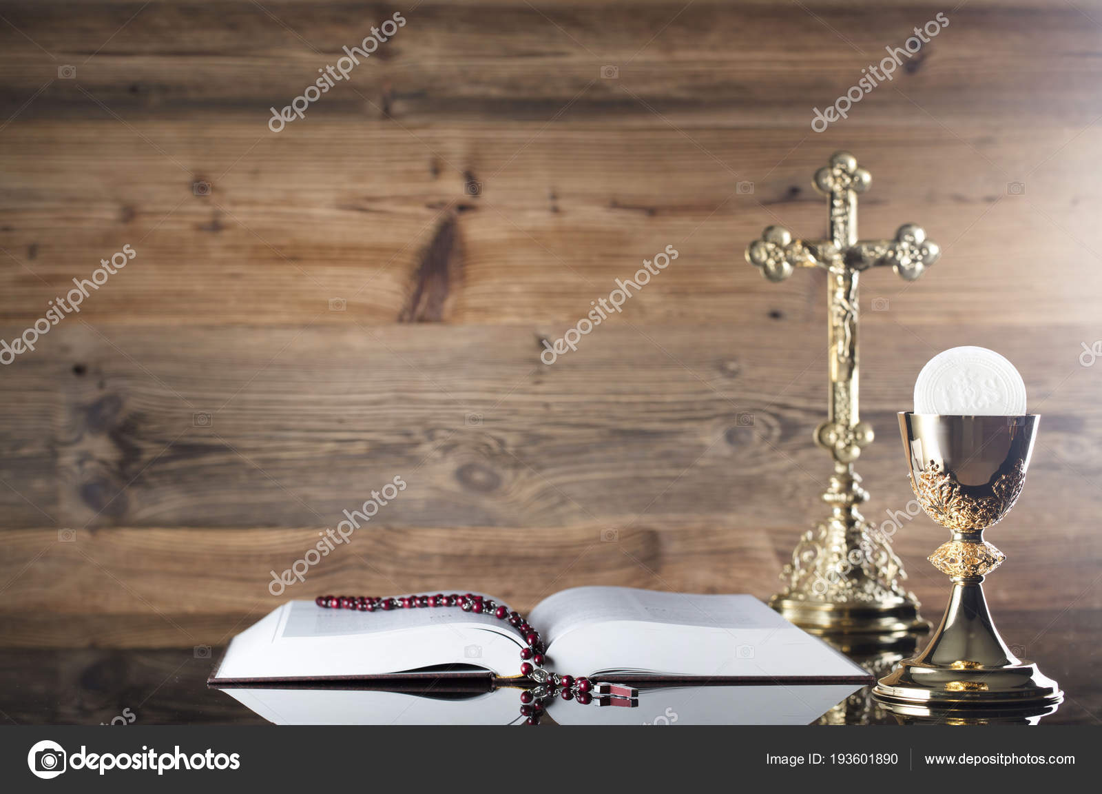 First Holy Communion Theme Cross Holy Bible Rosary Golden Chalice Stock ...