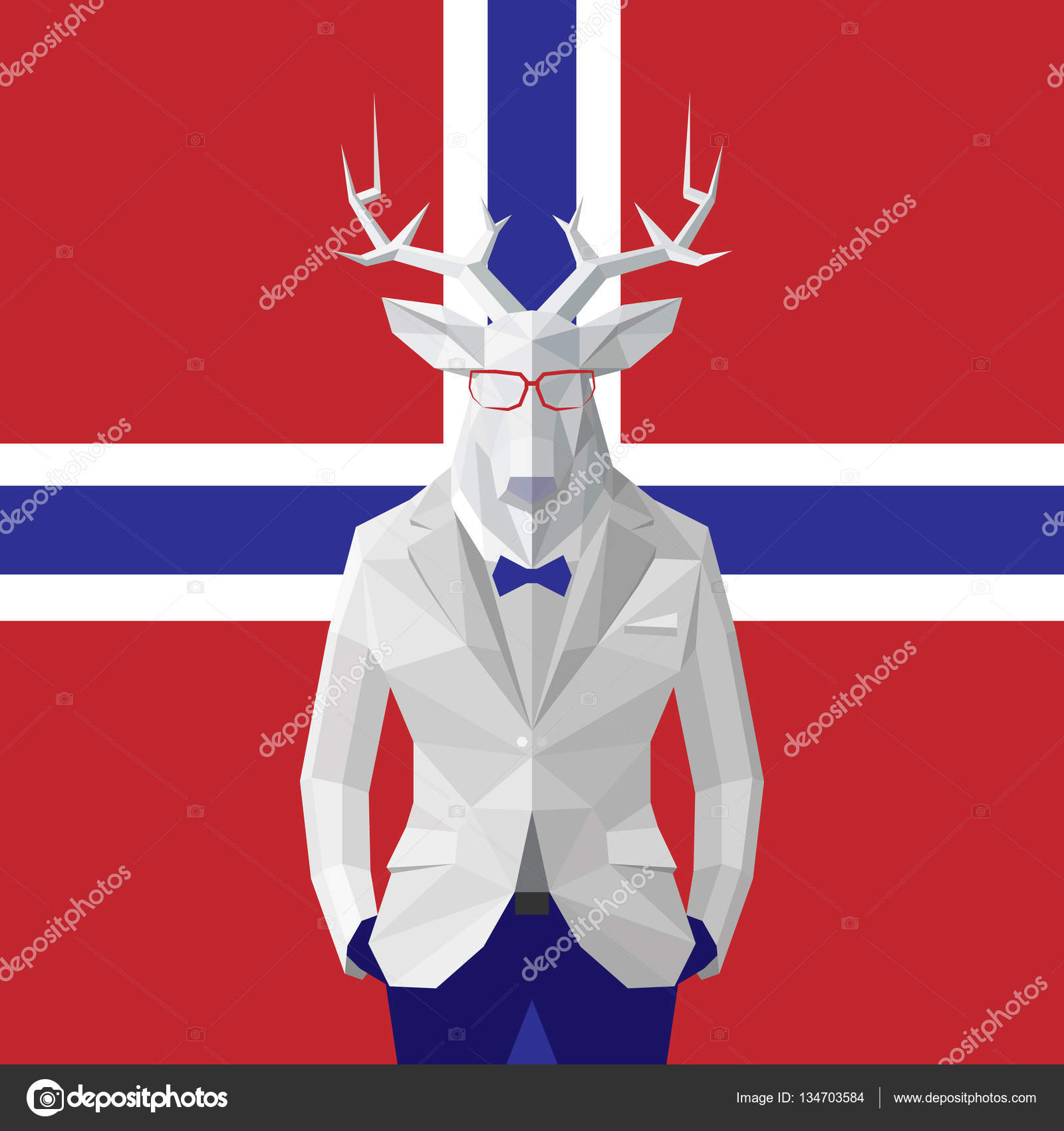Stylish deer in black suit. Norway flag background.Glasses. Stock ...