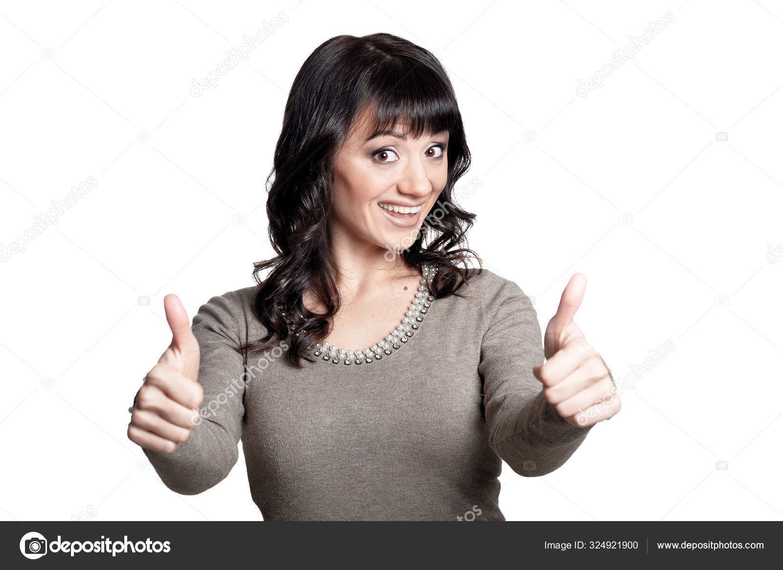 Portrait Happy Young Woman Shows Thumbs Isolated White Background