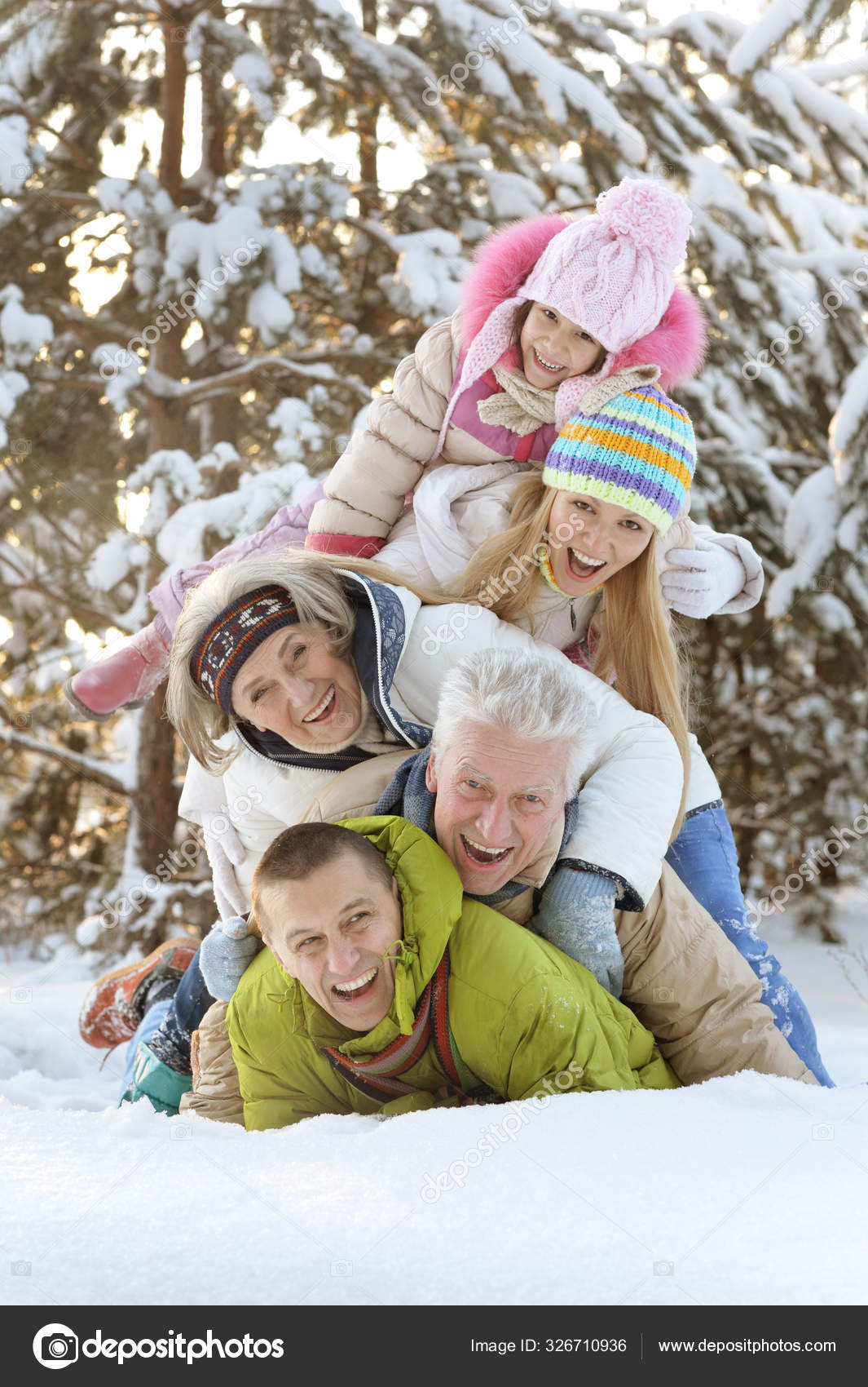 Big Happy Family Having Fun Winter Park Covered Snow Stock Photo by ...