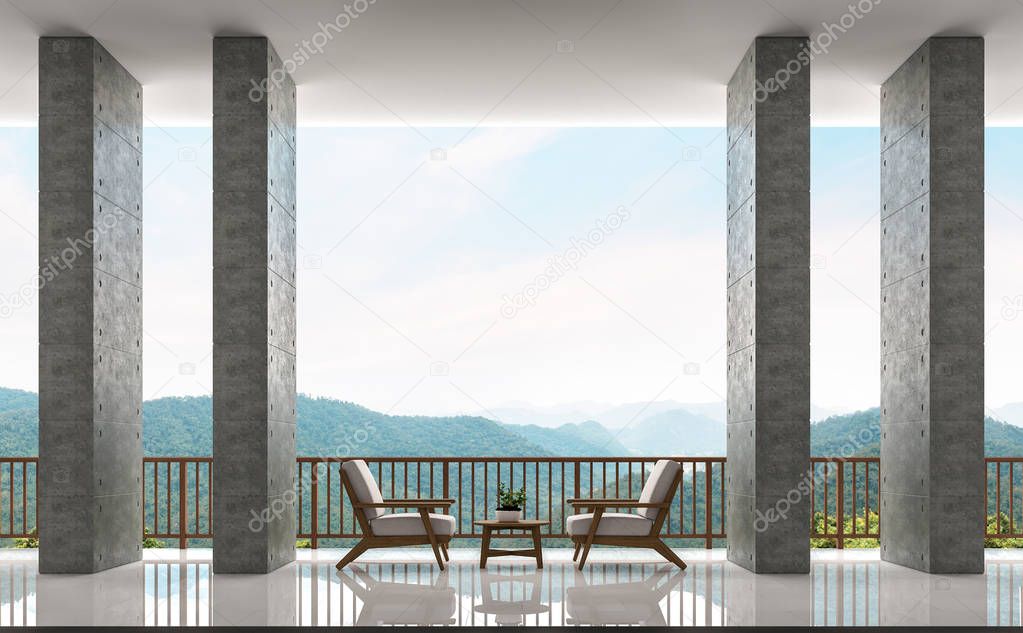 Modernos balcones loft y sala de estar con vistas panorámicas de las ...