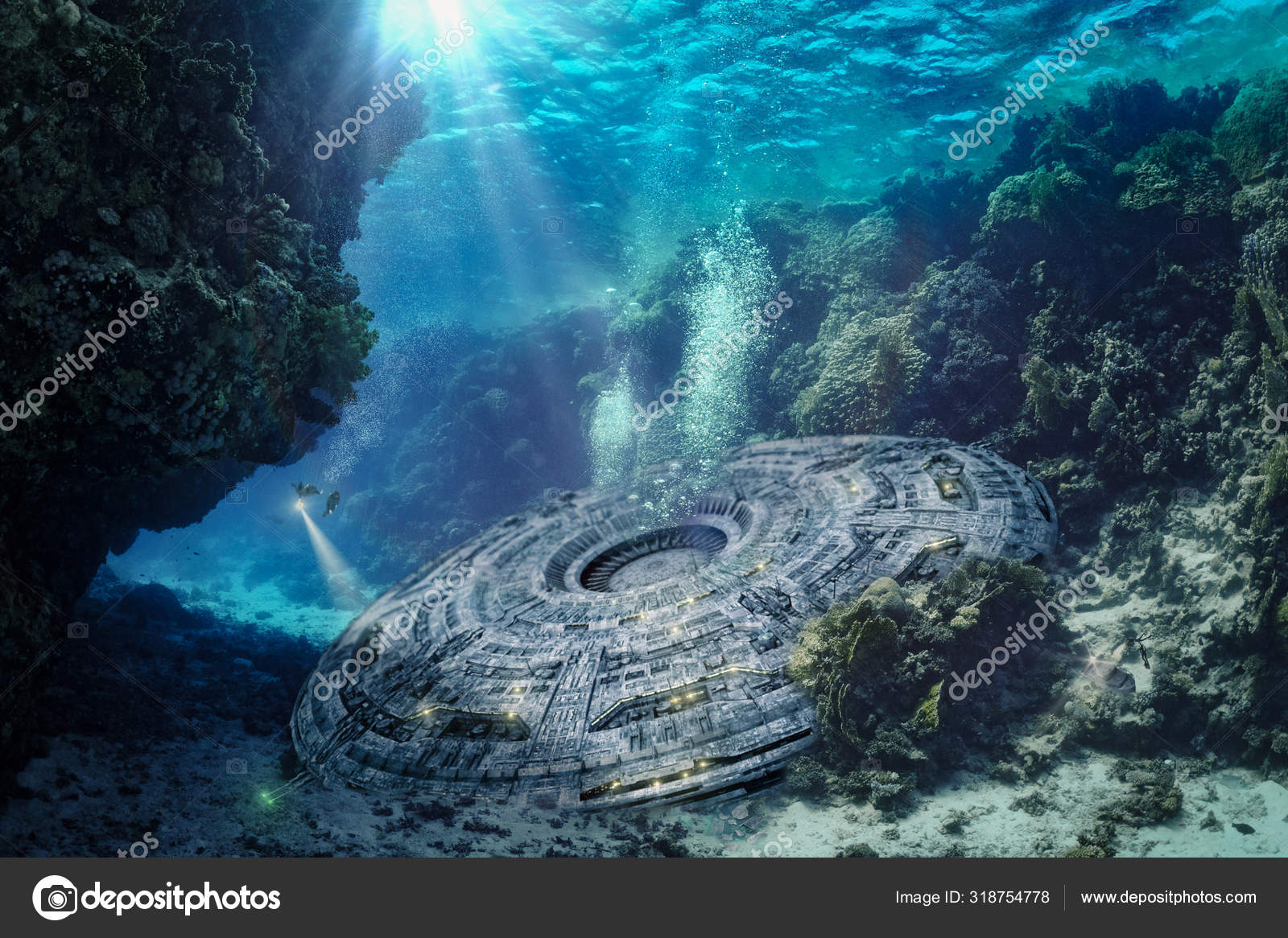 Unknown object is explored underwater by divers - 3D-Illustratio Stock ...
