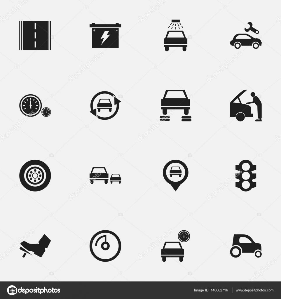 Set Of 16 Editable Car Icons. Includes Symbols Such As Race, Car Fixing ...