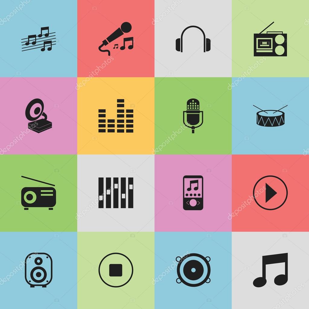 Conjunto de 16 iconos de audio editables. Incluye símbolos como la ...