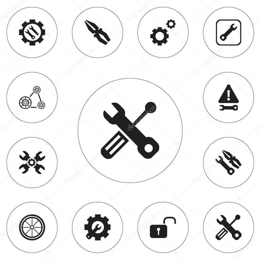 Conjunto de 12 iconos mecánicos editables. Incluye símbolos tales como ...