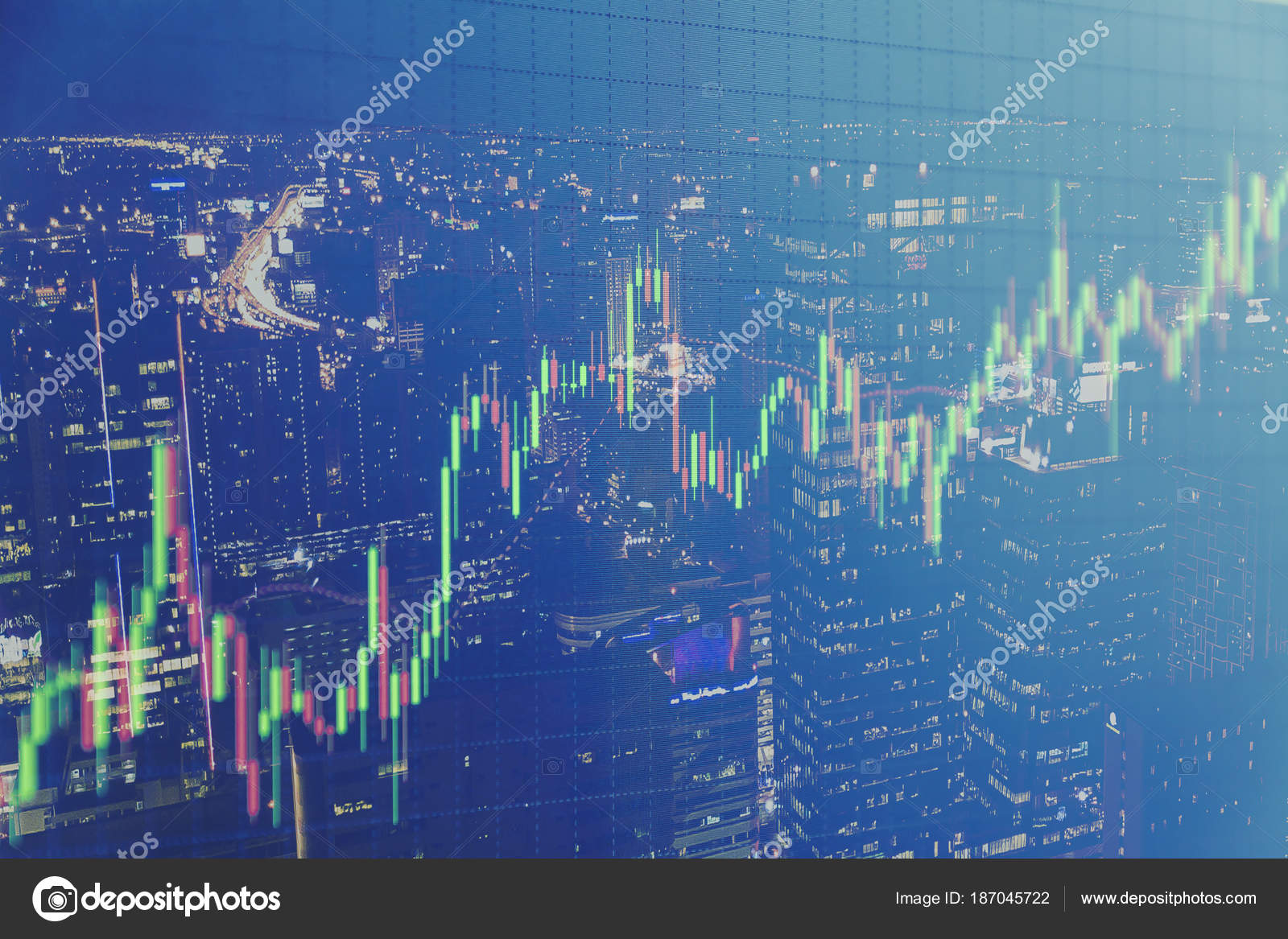 Candlestick graph office building background , Business and fina Stock ...