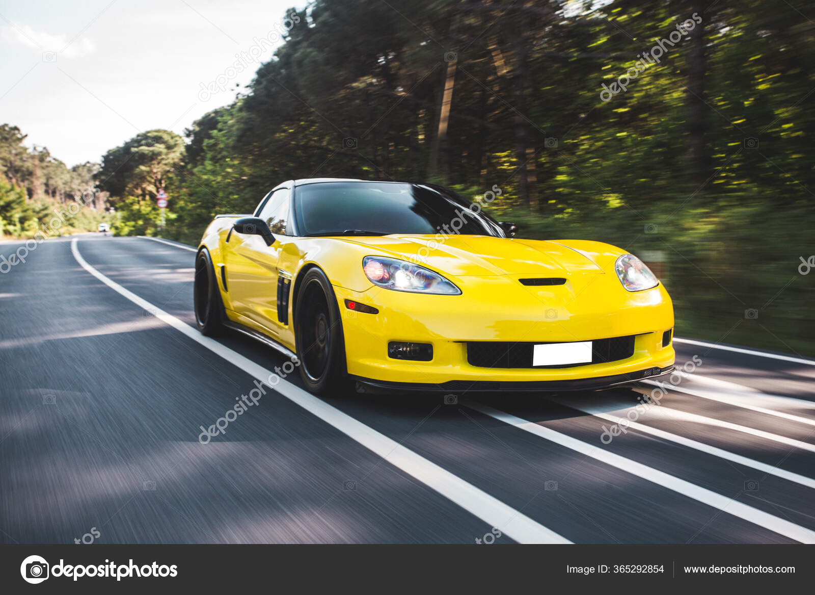 Yellow racing car with red xenon lights, forest rush – Stock Editorial ...