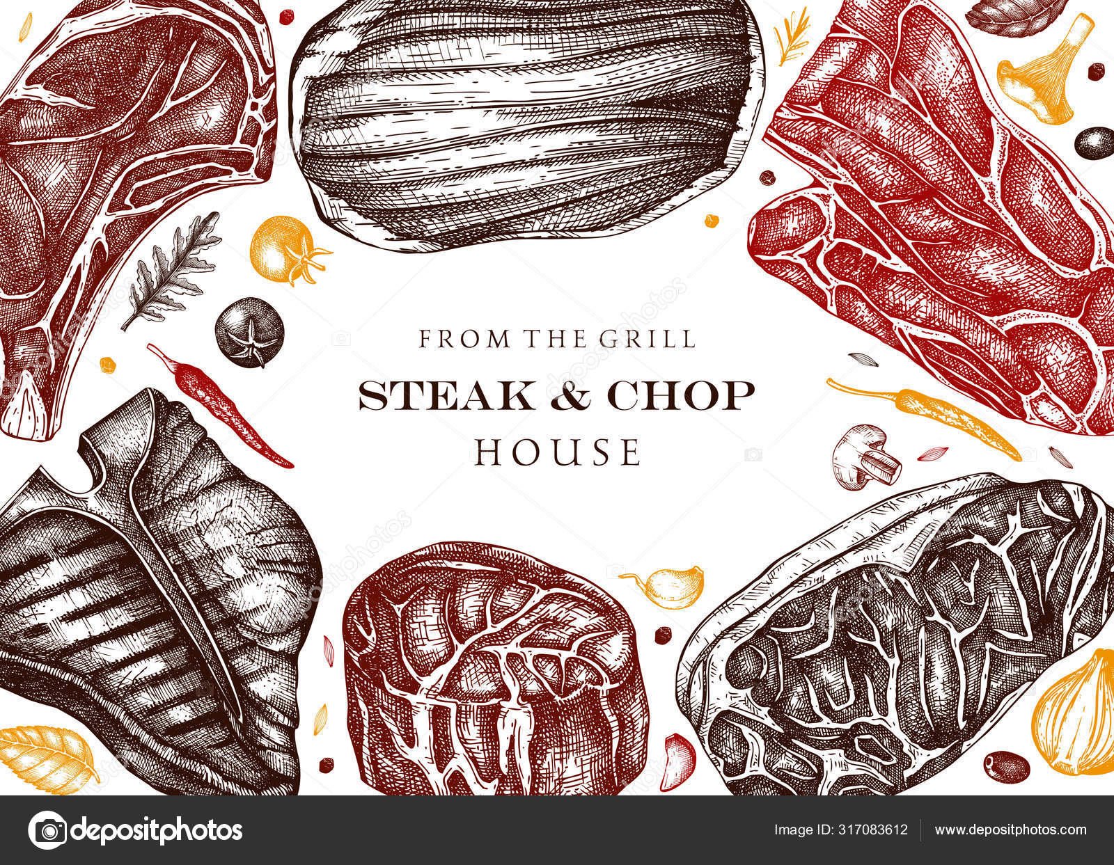 Raw beef steaks vector menu template. Meat top view frame. Hand Stock ...