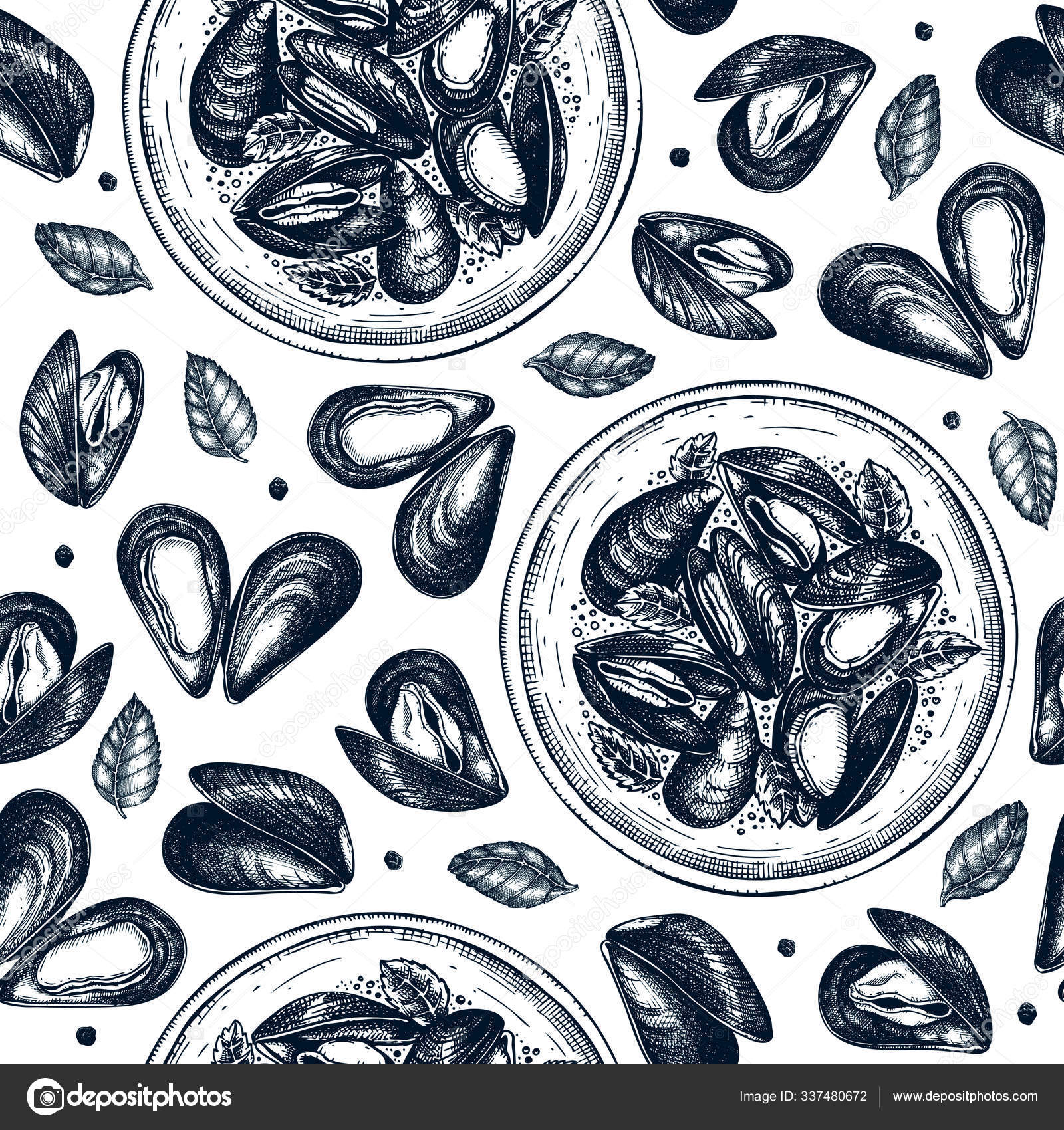 Hand drawn cooked mussels on platter with herbs seamless pattern Stock ...