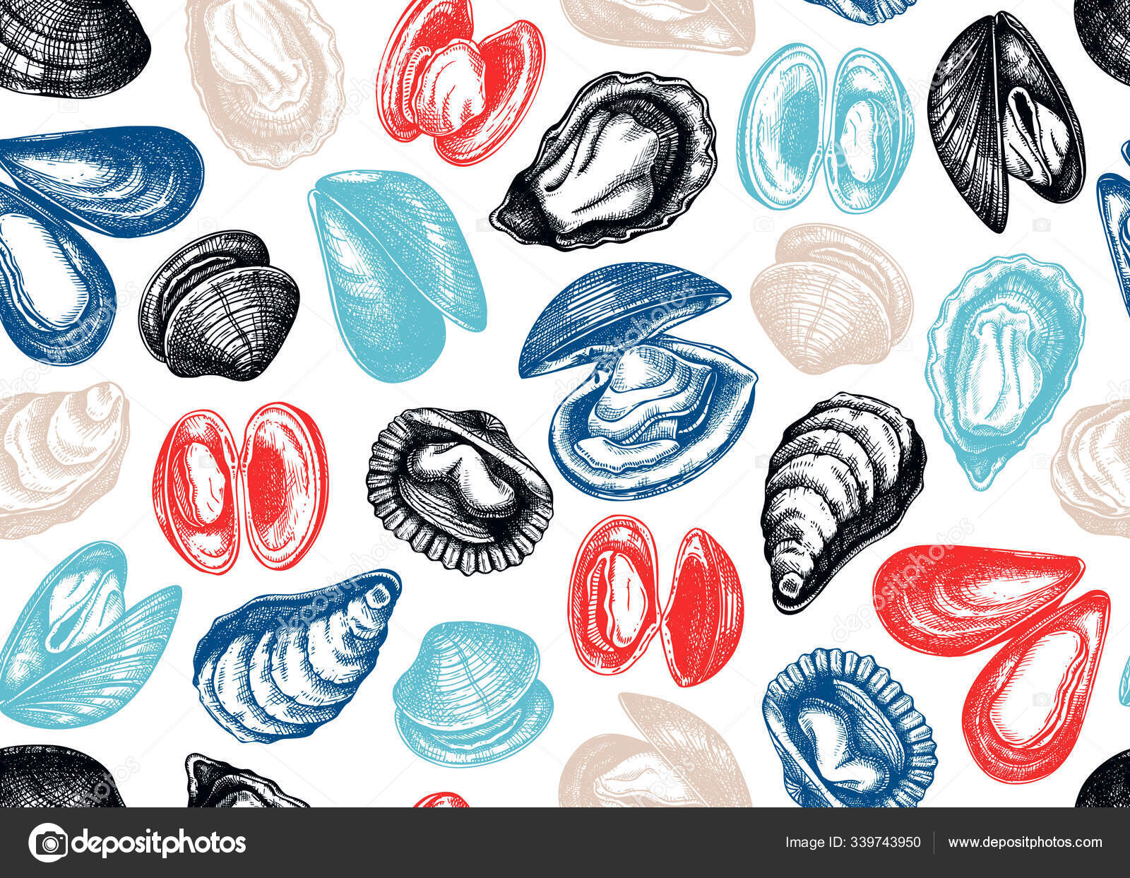 Hand drawn edible marine mollusks seamless pattern. Vector packa Stock ...