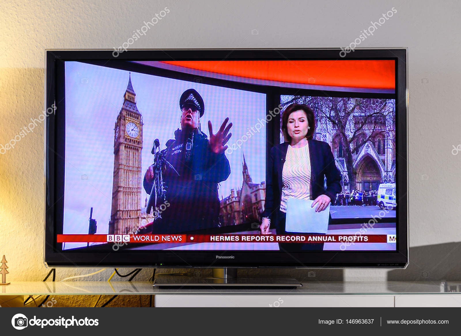 BBC News channel reporting live scenes from Westminster Bridge — Stock ...