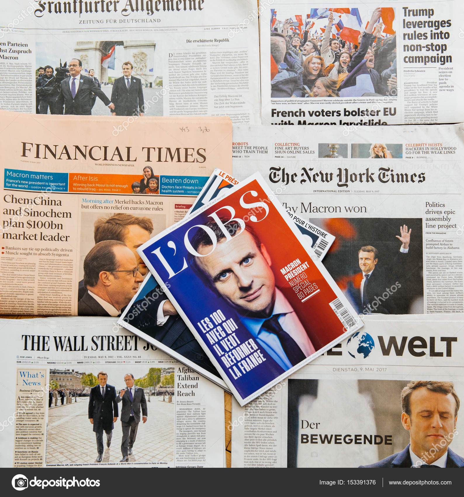 Multiple international press newspaper with Emmanuel Macron Elec ...