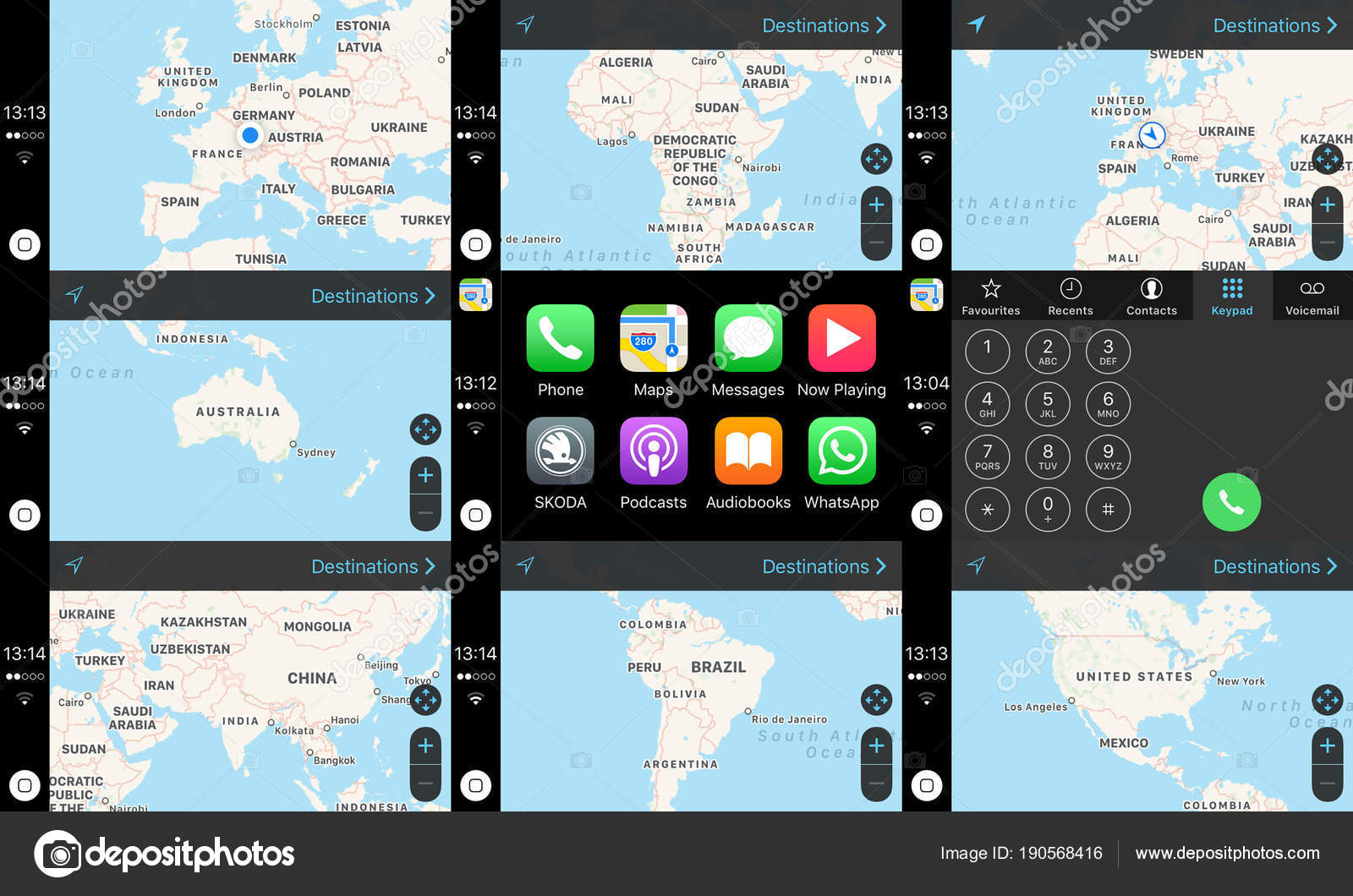 Apple Car Play dashboard home screen with maps of continents — Stock ...