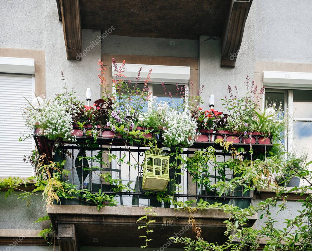 Típico balcón francés con macetas vistas desde abajo de la calle ...