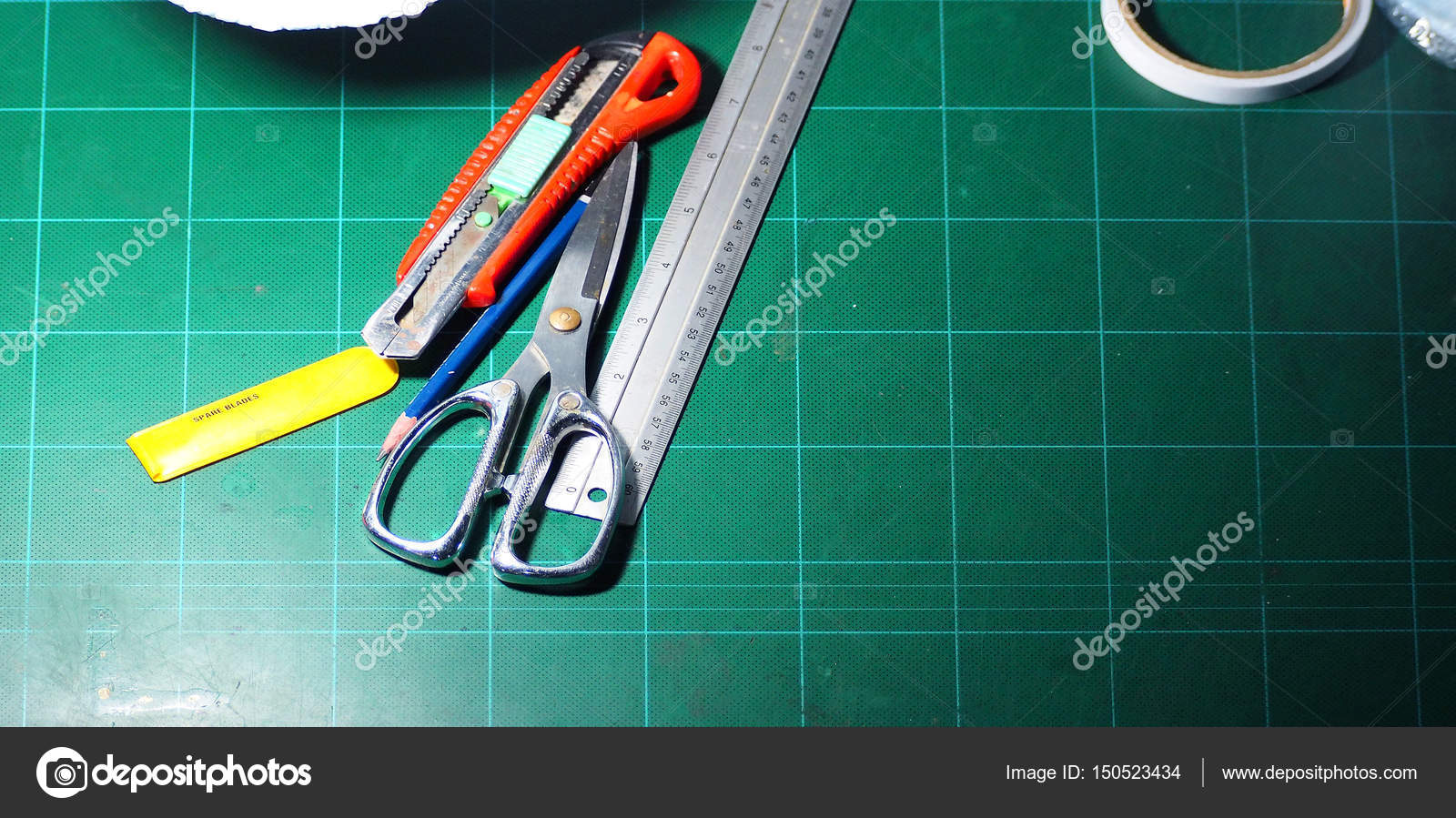 Scissor and cutter and ruler and pencil and blades. — Stock Photo ...
