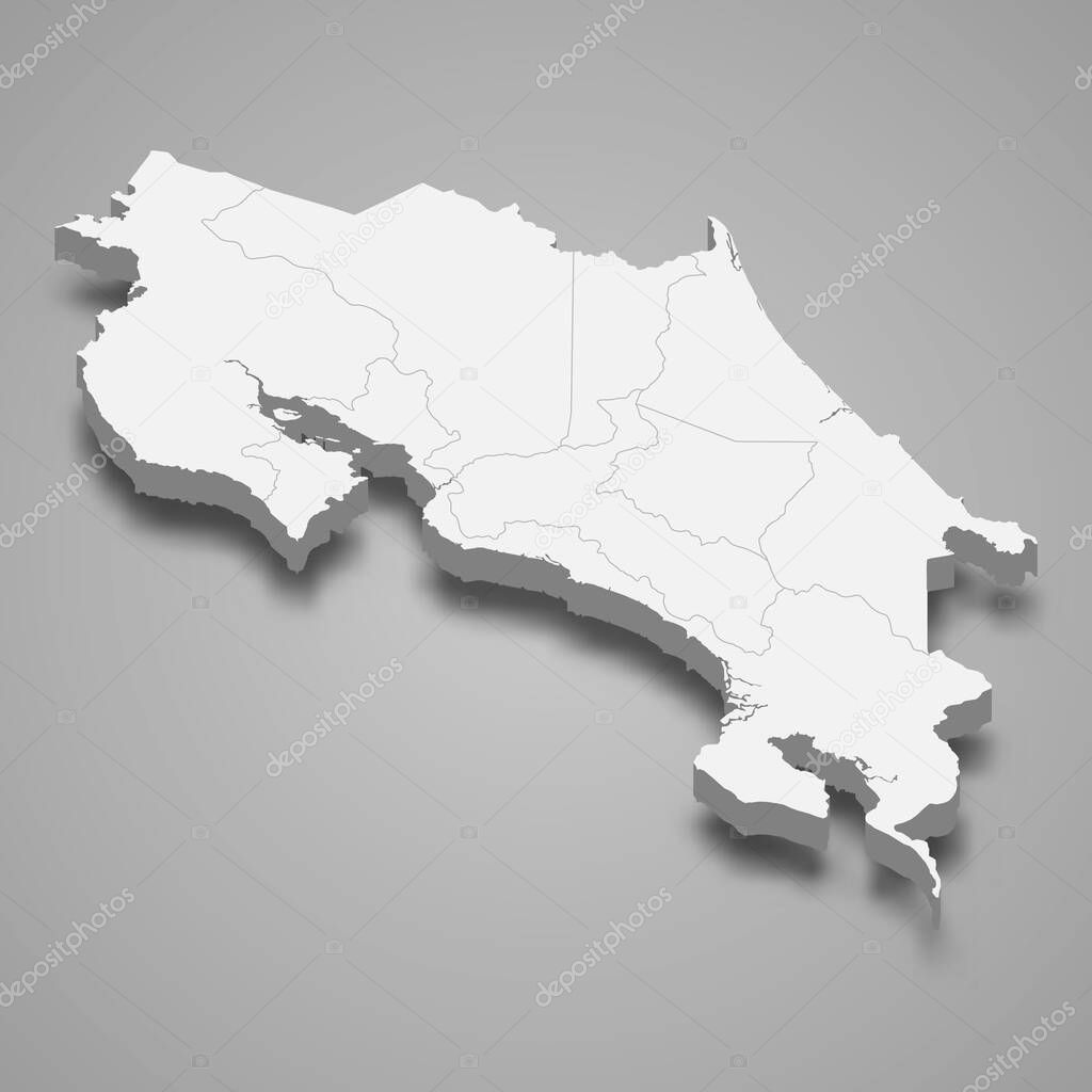 3d mapa de Costa Rica con fronteras de regiones 2024