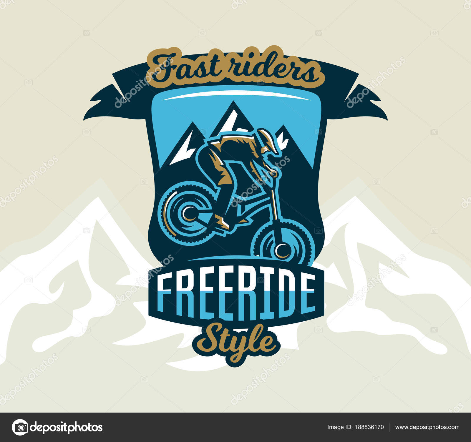 Colorful logo, emblem, label, club riders perform tricks on a mountain ...