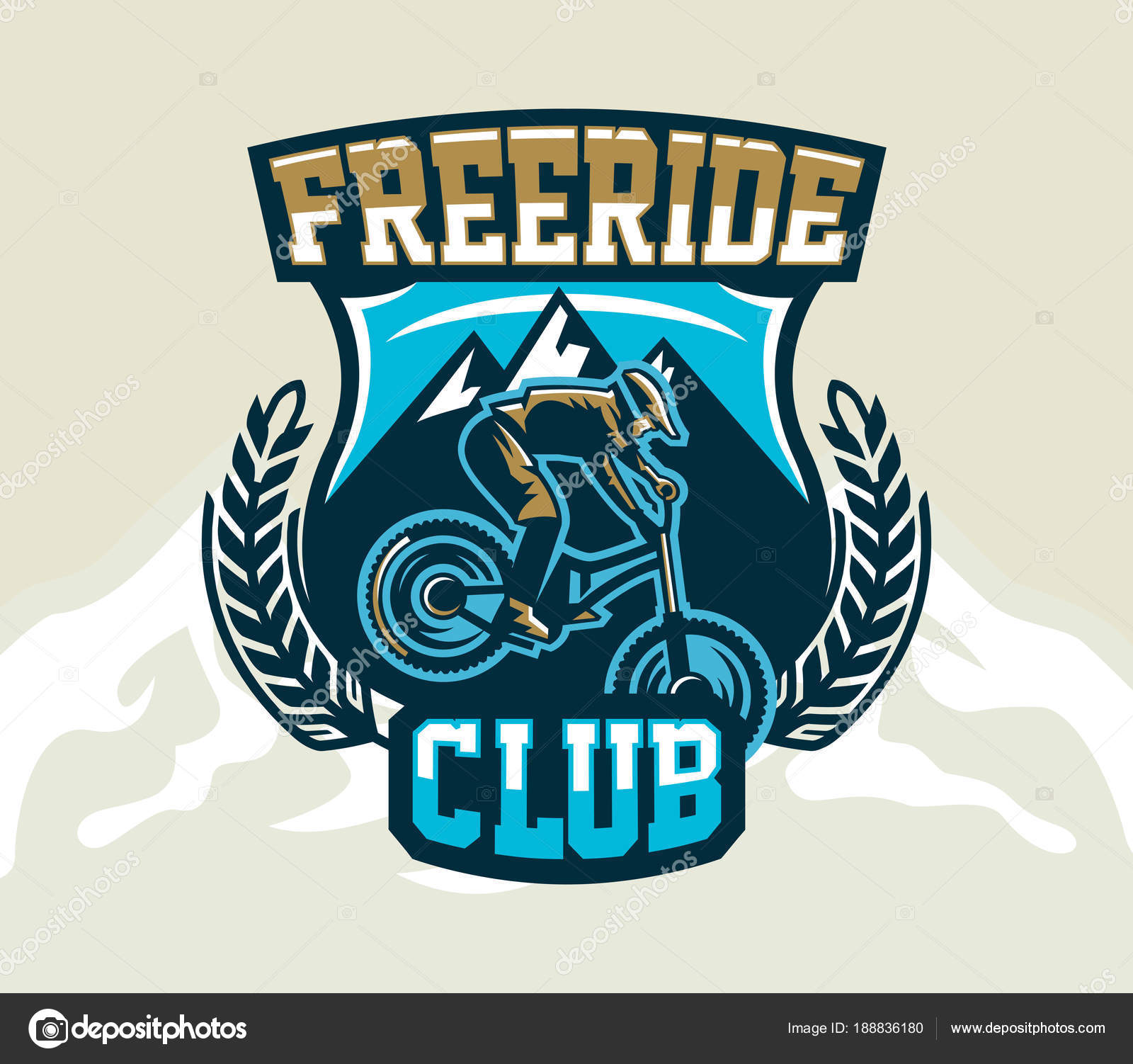 Colorful logo, emblem, label, club riders perform tricks on a mountain ...