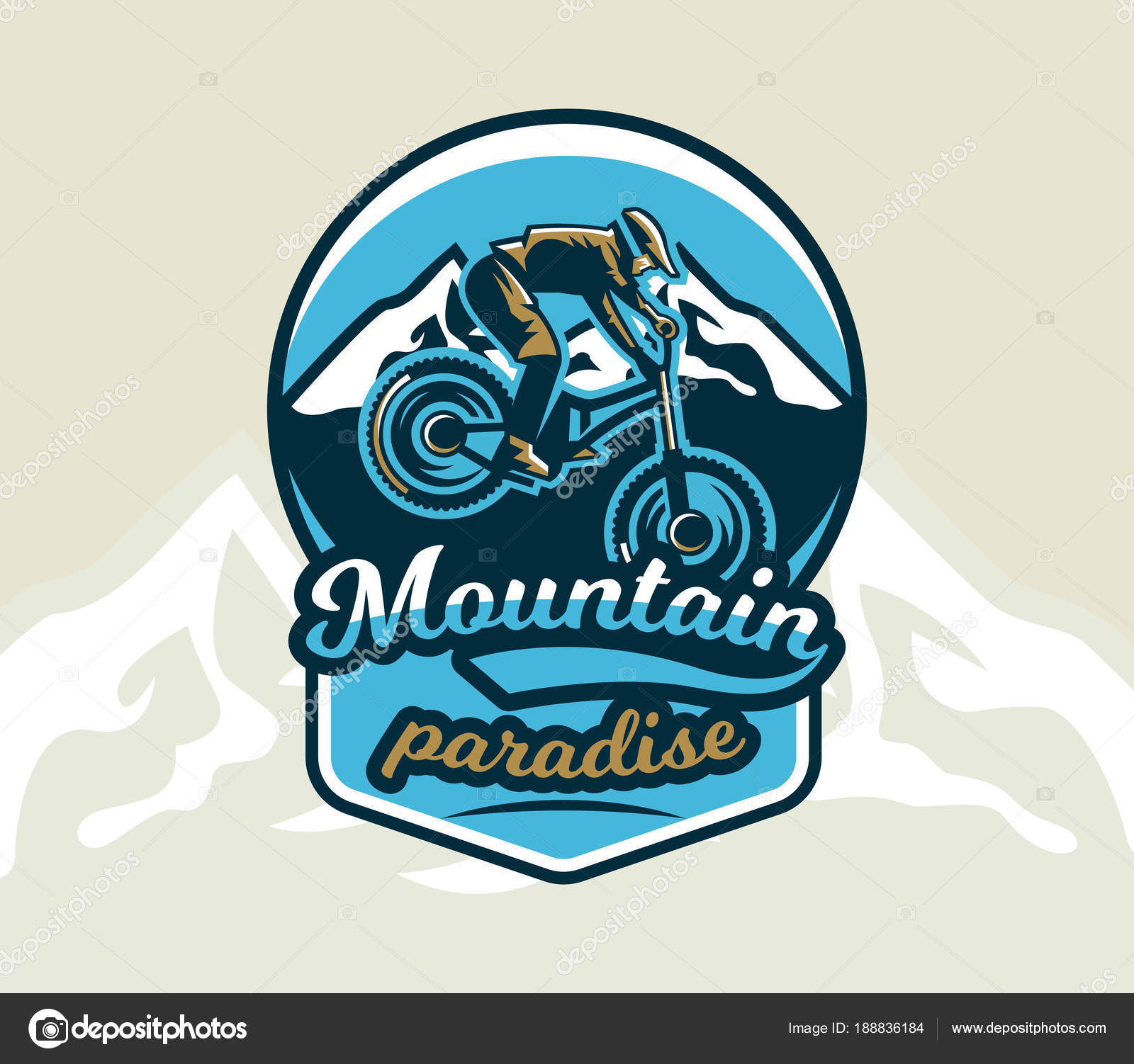 Colorful logo, emblem, label, club riders perform tricks on a mountain ...
